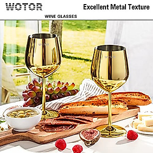 WOTOR Gold Wine Glasses Set of 2 with Wine Stopper, 18oz Unbreakable Gold Goblet, Stainless Steel Wine Glass, Fancy, Unique and Portable Metal Wine Glass, Ideal Gift for Wine Lovers