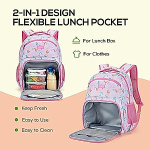 mommore 2-in-1 Kids Backpack, Insulated Lunch Compartment Unicorn Toddler Backpack Kindergarten Preschool Bookbag for Girls, Lightweight Daycare Backpack with Chest Strap, Pink