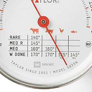 Taylor Leave-in Meat Oven Safe Compact Analog Dial Meat Food Grill BBQ Kitchen Cooking Thermometer, 3 inch dial, Stainless Steel