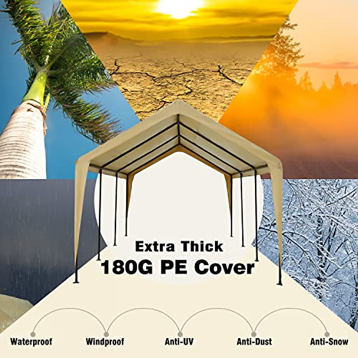 Carport 12x20ft Car Port Garage Canopy Heavy Duty Car Tent Without Sidewalls & Doors, All Season and Portable Garage for Boat, Wedding Party, Outdoor Camping, Commercial, UV Resistant (Beige)