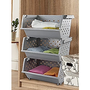 Easymanie 3 Pack Plastic Stackable Baskets, Open Front Stacking Storage Bins