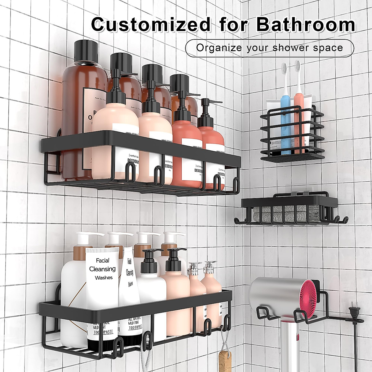 GOMALL Shower Caddy, 5 Pack Bathroom Organizers and Storage, Rustproof Stainless Steel Shower Organizer Bathroom Shelves With Large Capacity,No Drilling Shelves For Bathroom, Apartment Essentials,Home