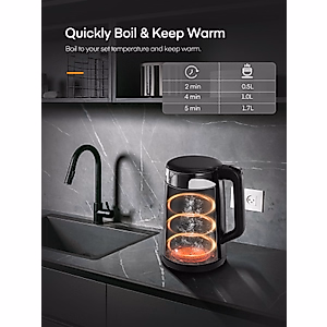 Electric Kettle, 1.7L Glass Tea Kettle, with Keep Warm, 5 Temperature Control, 1500W Fast Boil, Auto Shut-Off & Boil-Dry Protection, with 5 Colored Lights, Black