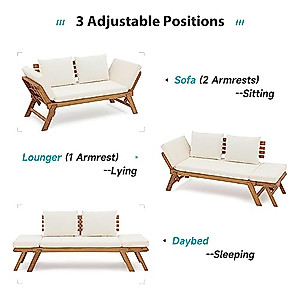 Verano Garden Outdoor Convertible Sofa Daybed, FSC Acacia Wood Patio Couch with Thick Cushion & Pillows for Porch, Backyard, Balcony, Apartment, Sunroom, Cream White