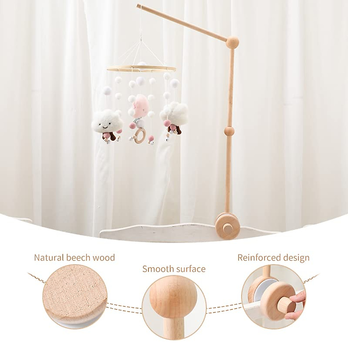 Baby Crib Mobile Holder - Wooden Mobile Arm for Crib,Crib Mobile Arm,Mobile Crib Hanger (Wooden Arm)