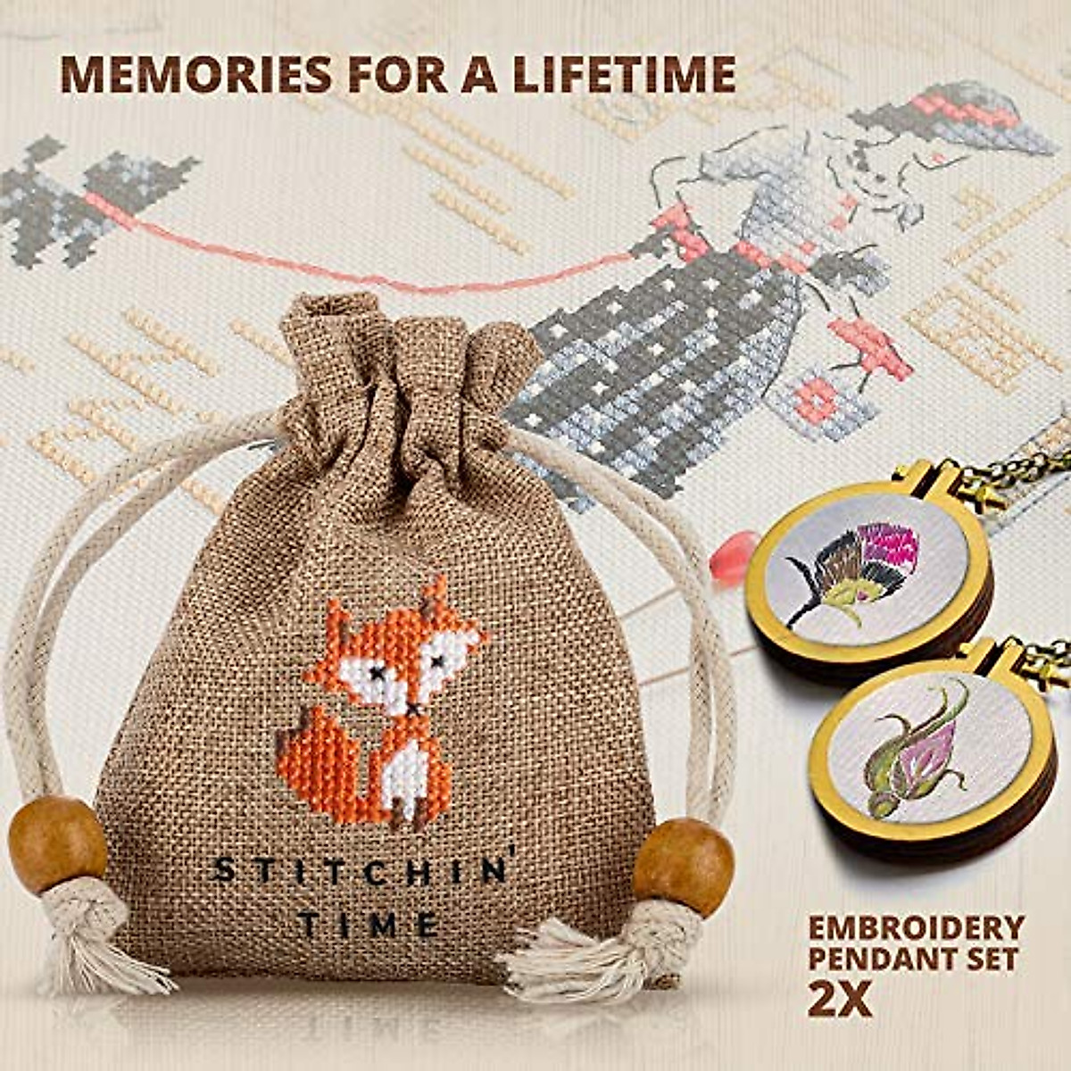 Embroidery Kit for Kids and Adults - Complete 160-piece Crossstitching Kits for Beginners - Fun Interactive Embroidery Family Kit with 100 Embroidery Thread Colors, Pendant Hoops and Tool Bag
