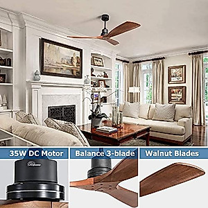 ReLa Mall 52in Ceiling Fan with Remote Control, Indoor Outdoor, Black Ceiling Fan No Light, Walnut Wood Blades, Reversible Motor for Bedroom Patios Kitchen Living Room Farmhouse