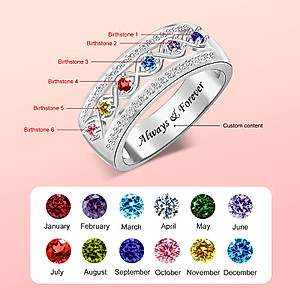 BAUMA AUTO Custom Mother Ring with 1-6 Birthstones & Engraving Text Personalized Birthstone Rings for Women Mother Family Rings Ideal Jewelry Gifts for Mom Wife Daughter (6 Birthstones)