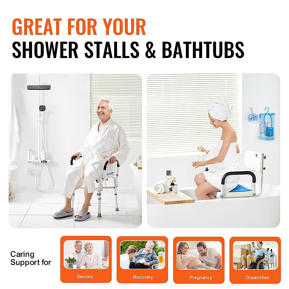 Shower Chair Seat, 400 lbs Capacity, Shower Stool with Crossing Bar, Padded Armrests and Back, Shower Chair for Inside Shower Bathtub, Adjustable Height Bench Bath Chair for Elderly Disabled