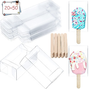 Perthlin 20 Boxes 50 Sticks 3.7 x 2.2 x 1.5 Inches Cakesicle Boxes Clear PET Candy Treat Box Goody Box Wooden Craft Sticks Ice Cream Sticks for Kitchen DIY Baking Wedding Baby Shower Birthday Party
