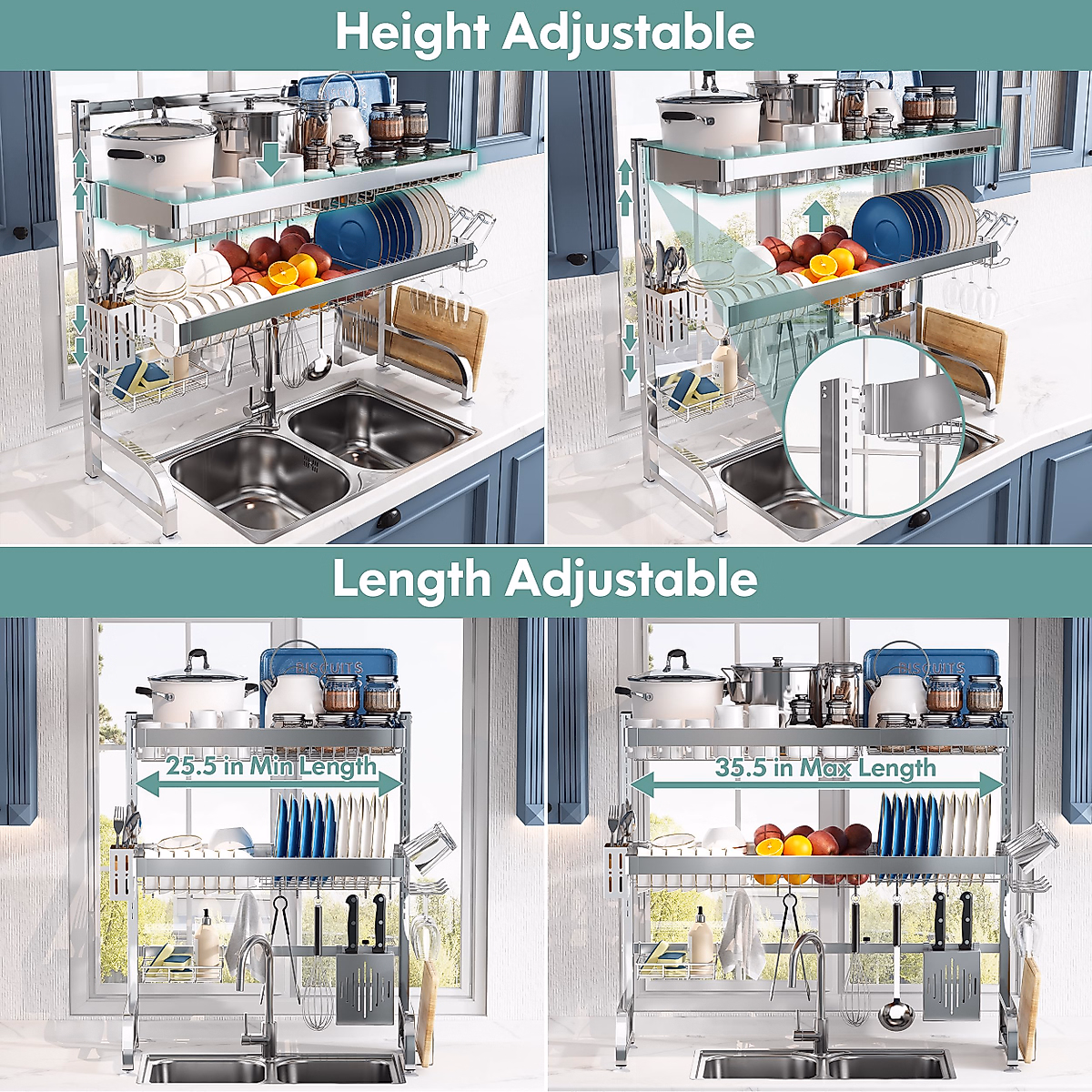 Over Sink Dish Drainer Drying Rack,MAJALiS 3-Tier 304 Stainless Steel Large Dish Racks for Kitchen Counter,Above Sink Organizer,(Sliver, 25.5"-35.5")