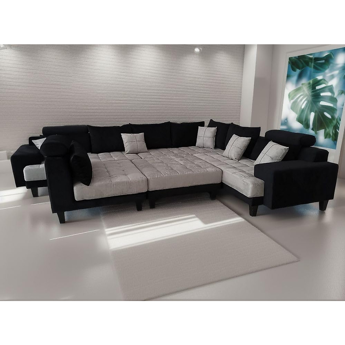 Stendmar L Shape U Shape Reversible Modern Microfiber Fabric Sectional Couch Sofa Set S150D (S150DBK-Black, 142-182" L x 110-150" D x 35" H)