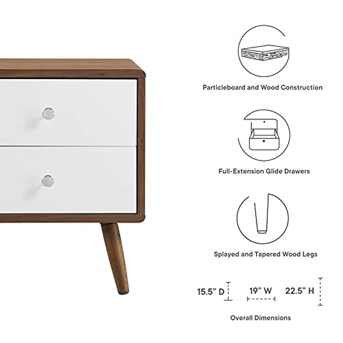 Modway Transmit Mid-Century Modern Wood Walnut White, 2-Drawer Nightstand