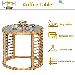 HTTH Outdoor Furniture Bistro Set Patio Conversation Bistro Set Outdoor Woven Rope Table Set Tan Wicker Chat Set with Cushions Patio Furniture Sets for Balcony Garde (S-Beige)