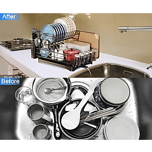 RayLove Large Dish Drying Rack for Kitchen Counter, 2 Tier Dish Drying Rack with Drainboard, Utensil Holder and Detachable Dish Drainer Organizer Shelf (Black)