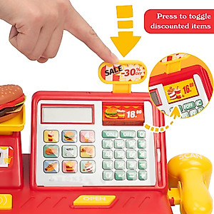 Pretend Play Calculator Cash Register Toy, Supermarket Shop Toys Cashier Registers with Scanner, Microphone, Play Food, Credit Card, Money - Pre-School Gift for Kids, Toddlers, Boys & Girls, Ages 3+