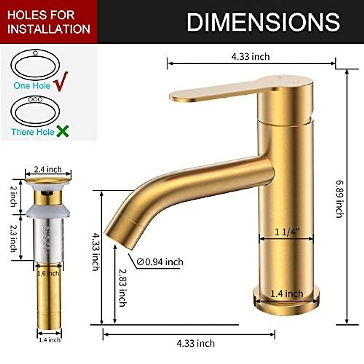 AMAZING FORCE Single Handle Bathroom Faucet Gold Bathroom Sink Faucet Single Hole with Pop Up Drain Assembly Gold Faucet for Bathroom Sink 1.2 GPM