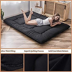 MAXYOYO Japanese Floor Mattress Futon Mattress, 4" Thicken Tatami Mat Sleeping Pad Foldable Roll Up Mattress Boys Girls Dormitory Mattress Pad Kids Floor Lounger Pillow Bed, Black, Full