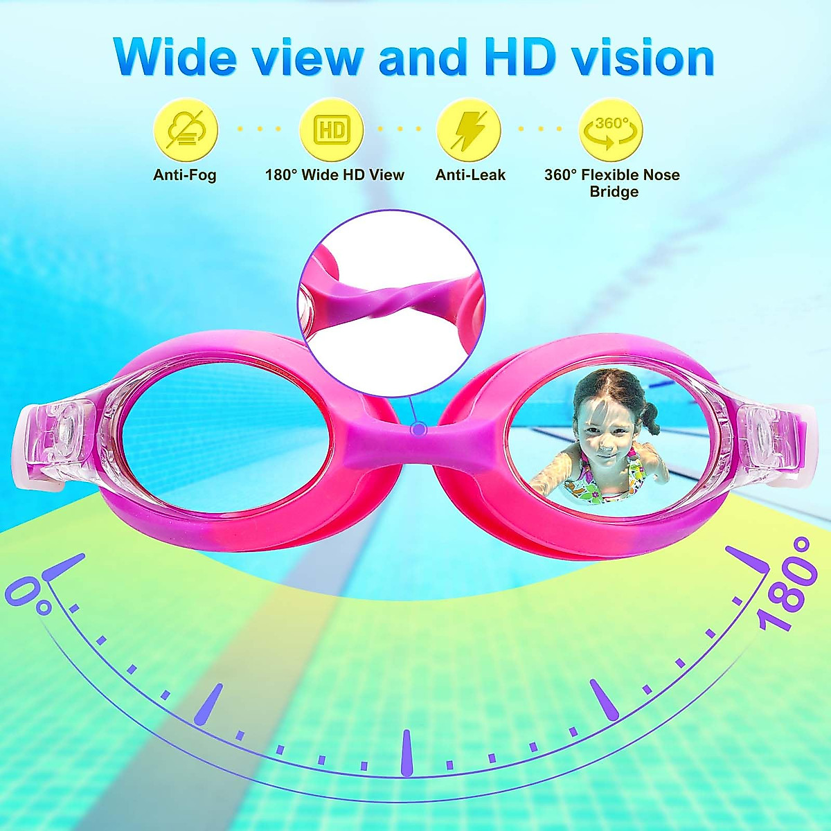 Juatellay Kids Swim Goggles with Cases, 2 Packs No Leaking Anti Fog Swimming Goggles 180° Clear View Kids Goggles for Boys Girls(Age 6-14)