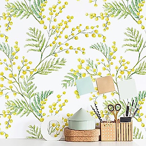 Floral Peel and Stick Wallpaper Leaf Wallpaper Green/Yellow Wallpaper Self-Adhesive Contact Paper Modern Green Leaf Wall Paper for Walls 15.5inch × 78.7 inch