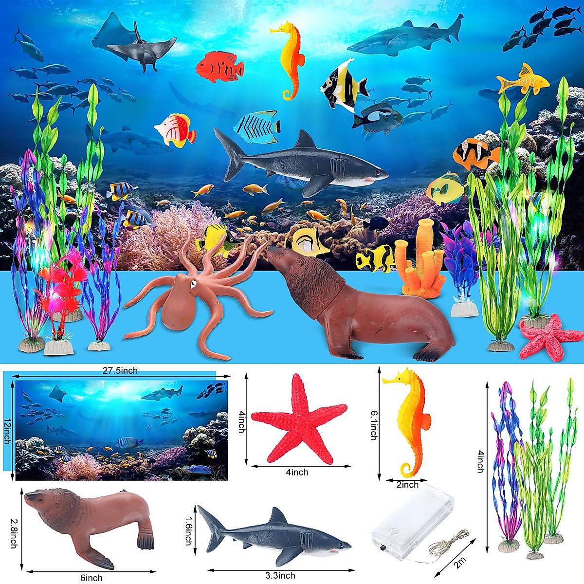 MiniInflat 39 Pcs Ocean Diorama Kit Sea Creature Toys Bulk Ocean Sea Animal Figure Toys Realistic Ocean Animal Figurines Toy Including Shark, Whale, Corals, Seagrass and More