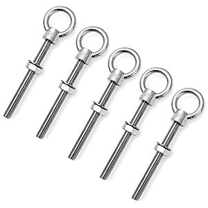 QWORK Stainless Steel Machinery Eye Bolt with Shoulder, 5 Pack 3/8" x 4" Long 304 Stainless Steel Marine Grade Shoulder Eye Bolt, Threaded Eyebolts