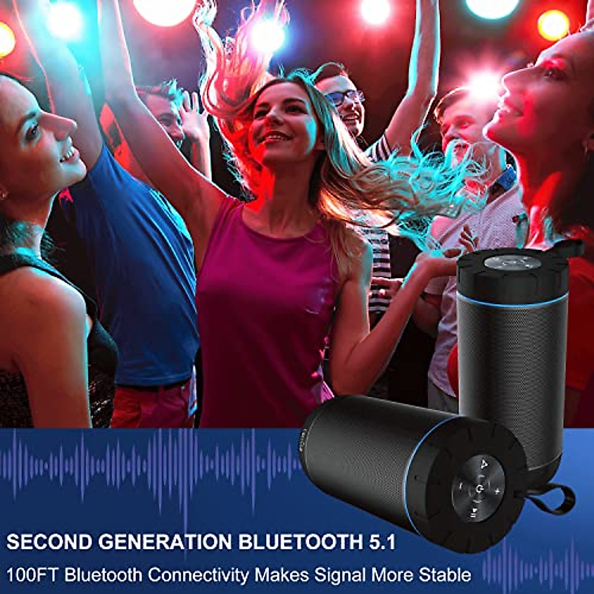comiso Waterproof Bluetooth Speaker IPX7, 25W Wireless Portable Speakers Loud Sound Strong Bass Stereo Pairing 36 Hours Playtime, Bluetooth 5.0 Built in Mic for Calls Black