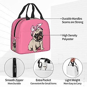 PrelerDIY Cute Pink Pug Lunch Box - Insulated Lunch Bags for Kids Boys Girls Reusable Lunch Tote Bags, Perfect for School/Camping/Hiking/Picnic/Beach/Travel