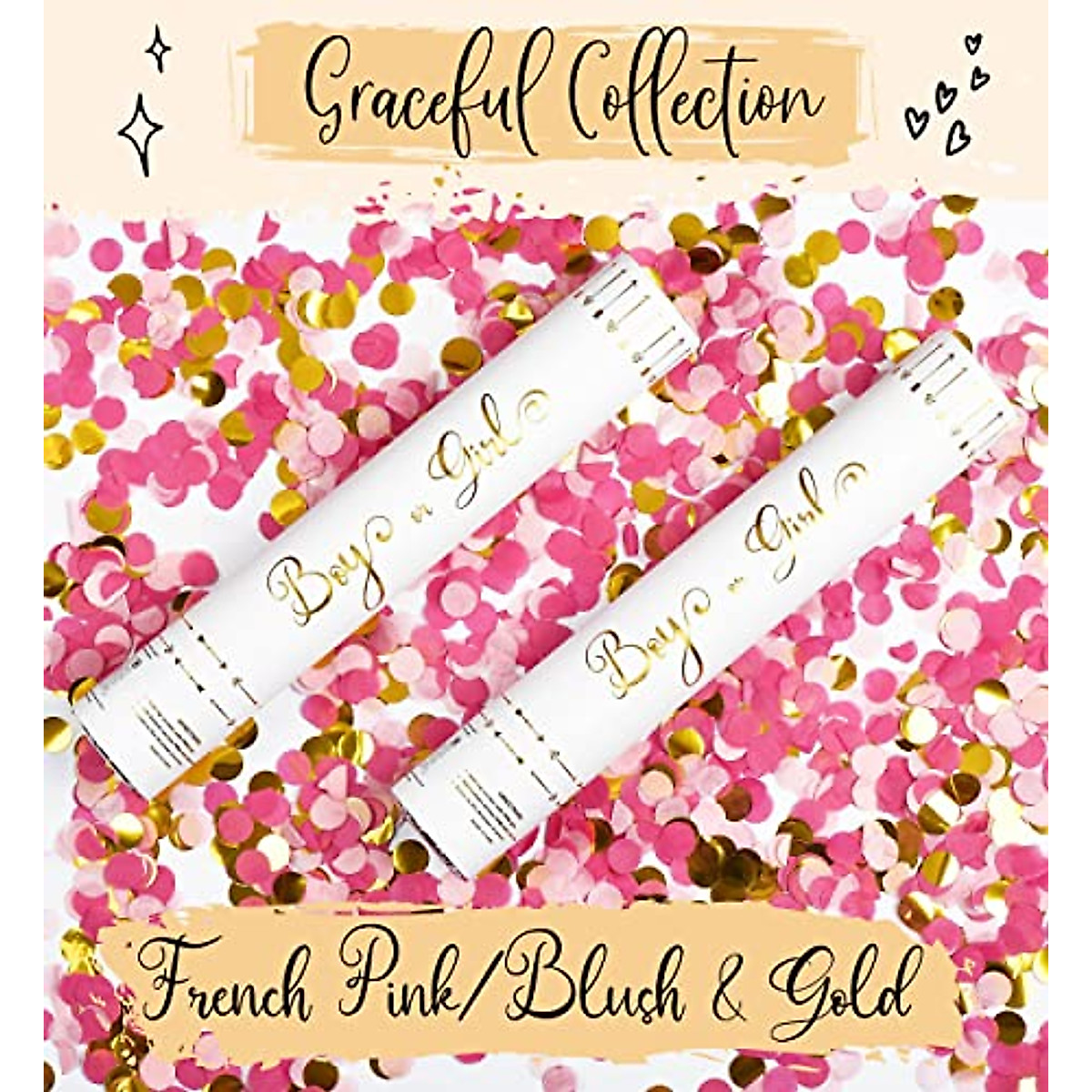 Gender Reveal Confetti Cannon - 4 Pink/Gold Poppers - Gender Reveal Party Supplies - Confetti Sticks - Gender Reveal Stickers 40 pcs (20 Girl 20 Boy)