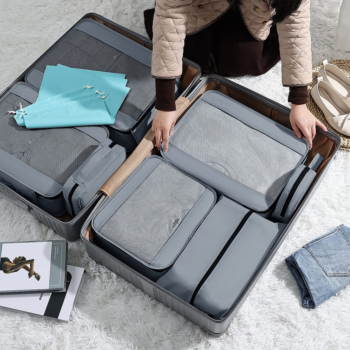 Packing Cubes for Travel 11 Sets of Packing Cubes for Suitcases, Travel Cubes Organizer, Luggage Organizer with Shoes Bag Underwear bag Electronics Bag（Grey）