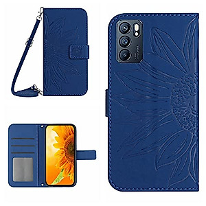 ONV Wallet Case for Oppo Reno 6 Pro 5G - with 1.5M Strap Sunflower Flip Leather Case Embossment Card Slot Shockproof Kickstand Magnetic Cover for Oppo Reno 6 Pro 5G [HT] -Blue-T