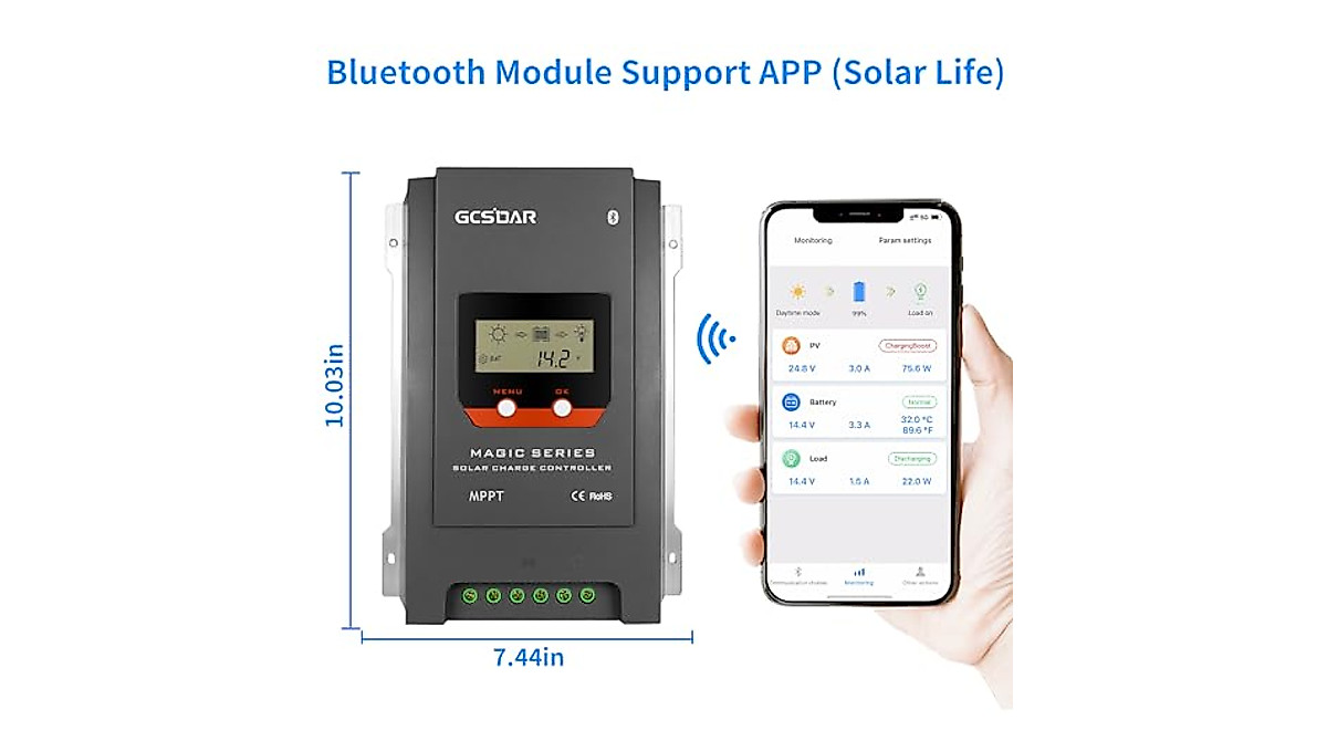 GCSOAR 40A MPPT Charge Controller with Bluetooth - Solar Panel Regulator