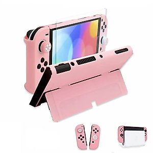 Protective Case for Switch OLED, Dockable Case Compatible with Switch OLED Model 2021, Switch OLED Case Cover with Screen Protector & 2 x Thumb Grip Caps, Pink