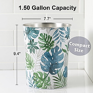 Allure Home Creation Blue Palm Leaves Metal Wastebasket-Small Size-1.5 Gallons