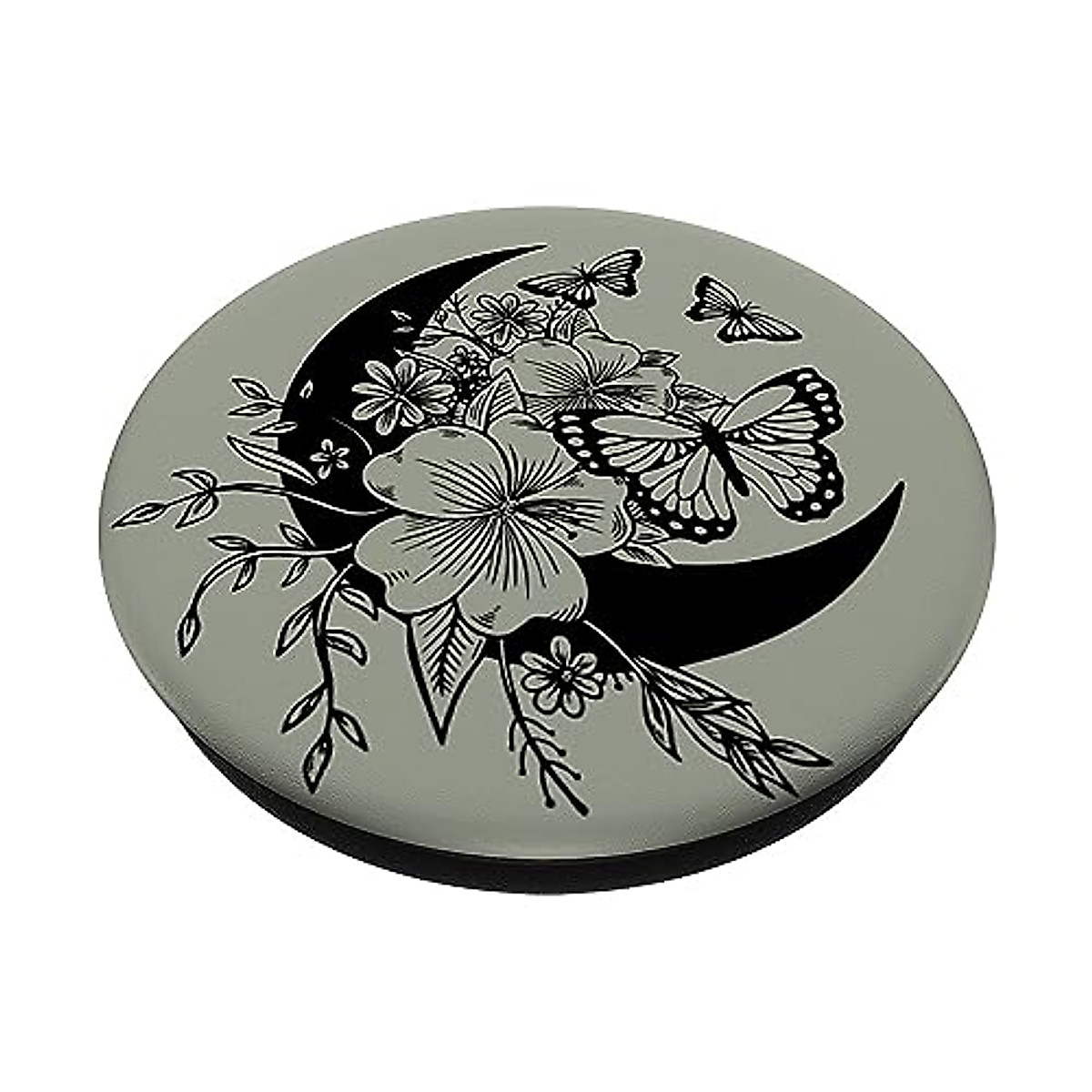 Sage Grey Black Butterfly Crescent Moon Flower PopSockets Swappable PopGrip