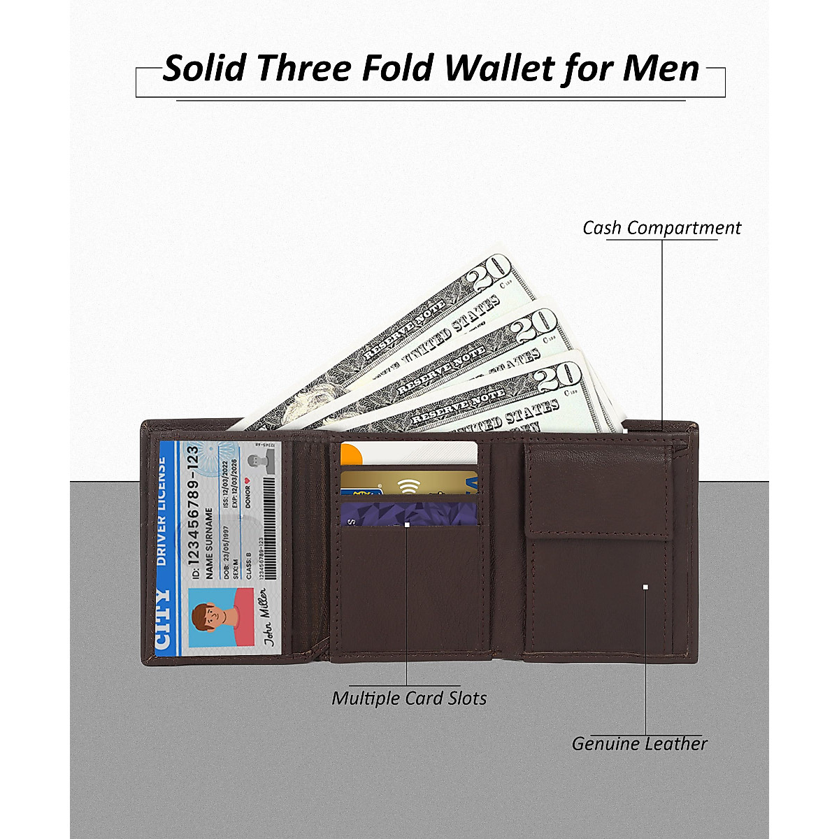 Leatherboss Genuine Leather Boys Slim Compact Flap Id and Coin Pocket Trifold Wallet for men women, Dark Brown