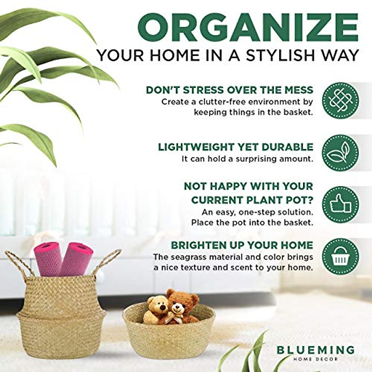 Blueming Home Decor Plant Basket – Large Seagrass Belly Basket Planter, Woven Rattan Wicker Plant Pot for Tall Indoor Plants with Handles, Round Decorative Boho Planters (Original, 10-11 Inch)