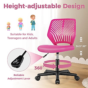 COSTWAY Height-Adjustable Ergonomic Kids Desk Chair, Swivel Armless Task Chair w/Universal Casters, Children Study Chair, Kids Mesh Computer Chair for Teens, Home, Office (Pink)