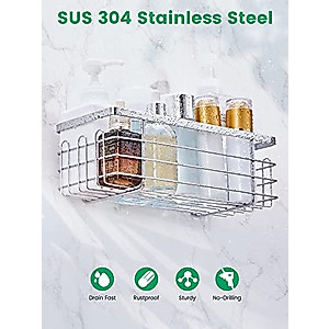 PARAKE Shower Caddy Organizer with Soap Holder, 2-Pack SUS304 Stainless Steel Shower Shelves, Self Adhesive Rustproof Shower Caddy with Hooks, for Bathroom Shampoo Soap Storage Kitchen Rack, Silver