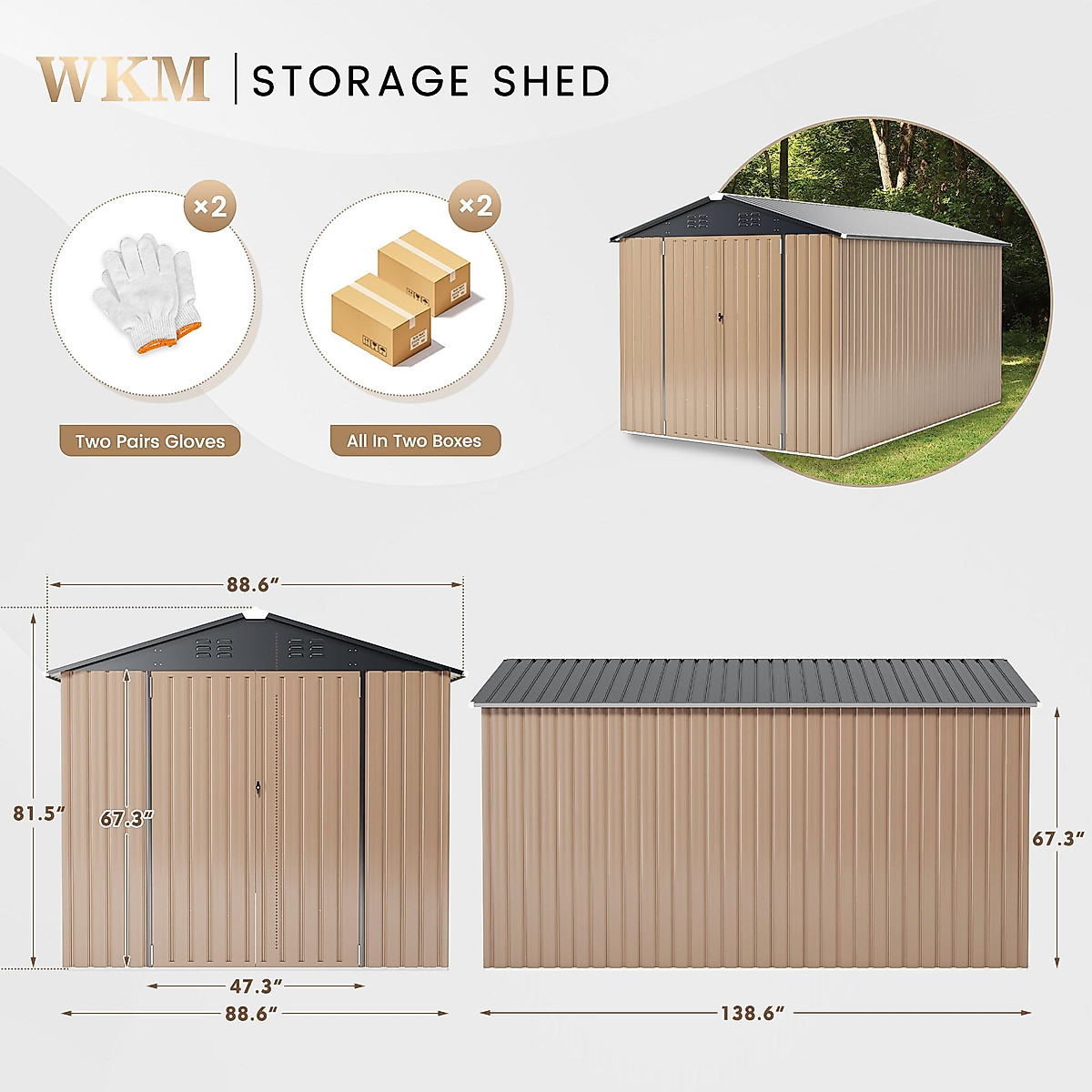 WKM Outdoor Storage Shed 8x12 FT, Utility Metal Tool Storage with Lockable Doors and Updated Frame Structure, Large Metal Garden Shed for Backyard, Patio Lawn, Brown