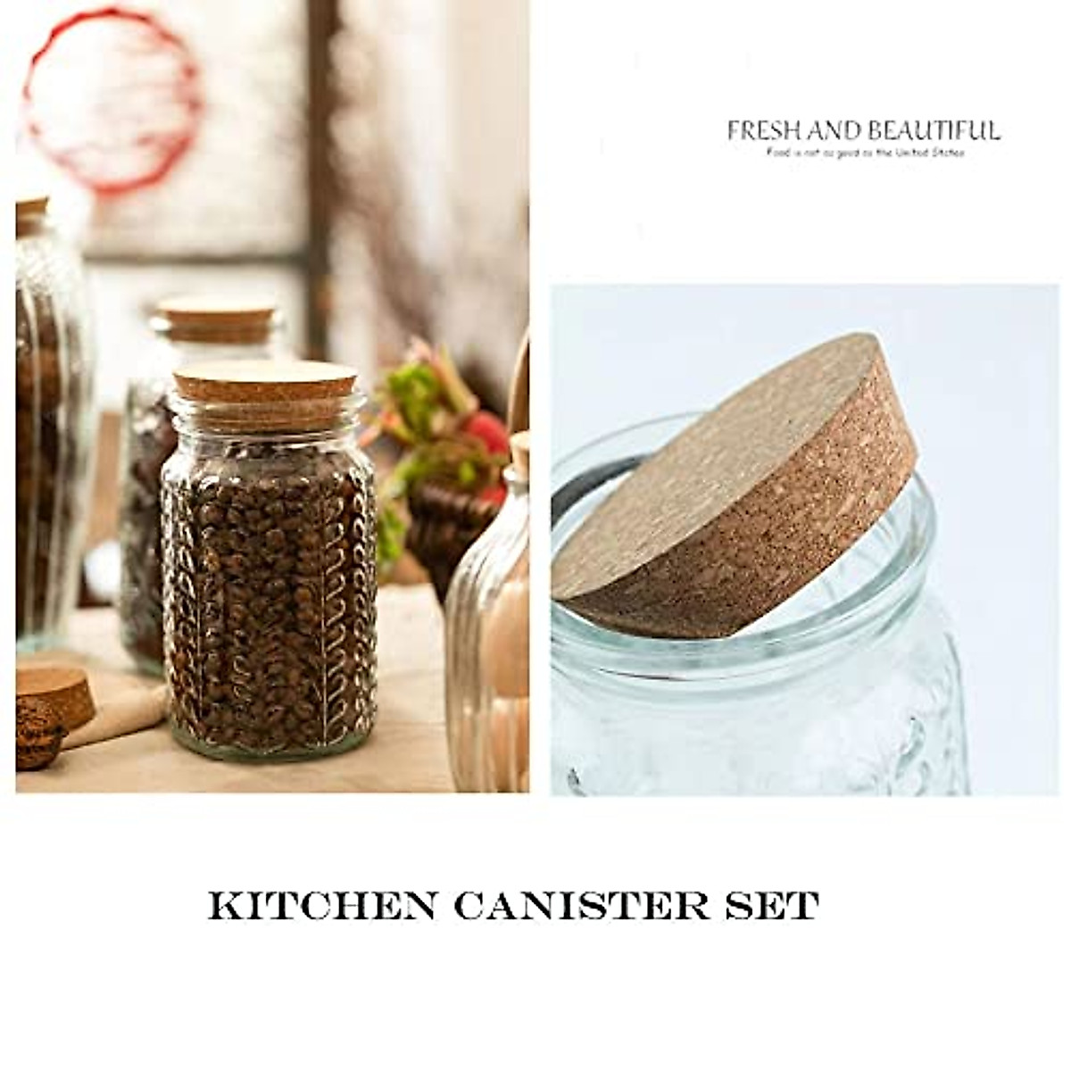 Piscepio Canister Glass Jars with Cork Lids Set of 3 in 38oz, 41oz & 56oz, Embossed wooden Stopper Glass Containers, Retro Design Decorative Kitchen Counter, Pantry Jars for Candy Cookie Food Storage
