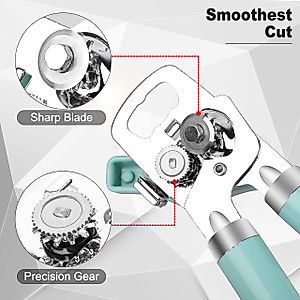 PAKITNER - Can Opener Manual, Safe Cut Heavy Duty Hand Can Opener with Magnetic Lifter, Stainless Steel with Sharp Blade Smooth Edge Can opener, Easy Big Turn Knob, with Bottle Opener, Aqua Sky