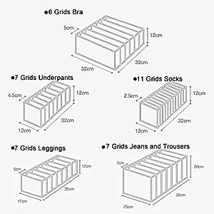 MUSJOS 5PCS 6/7/11 Grids Wardrobe Clothes Organizer, Washable Drawer Organizers for Clothing, Clothes Organizer Drawers, Clothes Organizer for Folded Clothes (White)