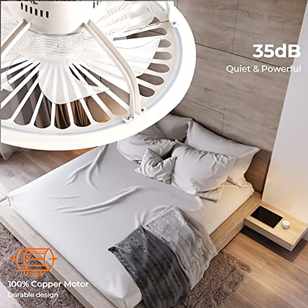 CHANFOK Low Profile Ceiling Fan with Lights, Modern Indoor Flush Mount Ceiling Fan with Remote Control LED Dimming Multi-Speed Invisible Blades Timing 19" (White)