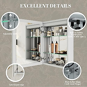 Elephmirr Vanity Mirror Bathroom Storage Medicine Cabinet with Lights Anti Fog,20x26 Inch,Recessed Smart led Small Mirrors Wall Metal Magnifier﹐with Left Doors Eectrical Outlet USB,Surface Mount