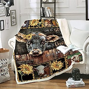 Cow Sunflower Print Sherpa Throw Blanket Yellow Flower Fleece Blankets Gift for Women Wife or Girlfriend Super Soft and Warm Sofa Bedding Blankets 60"X80"