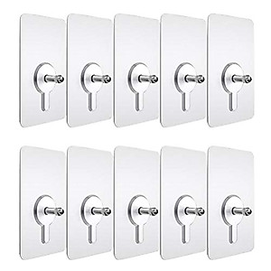 DOITOOL 10PCS Nail Free Wall Hook Screw Adhesive Hooks for Hanging, Non- Trace No Drilling Hooks for Bathroom Kitchen Installation Hanging, Waterproof Transparent Screws Hook (Nail Size 10mm)