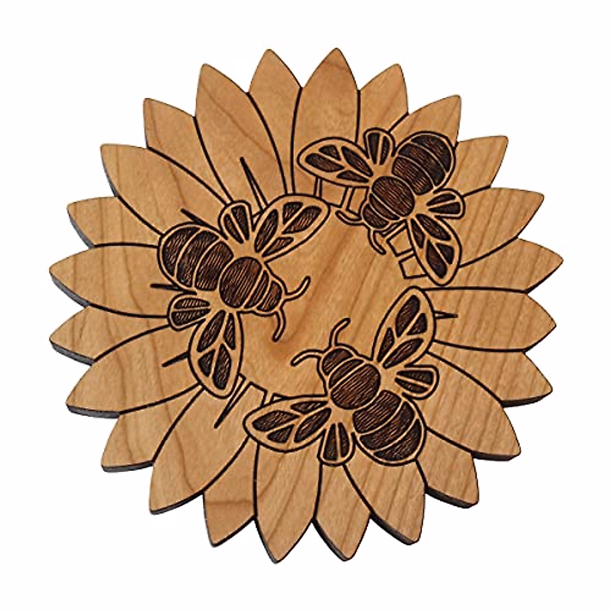 Honey Bees on a Flower Trivet- Hand Crafted in The USA From Solid Cherry Hardwood (6 Inch)