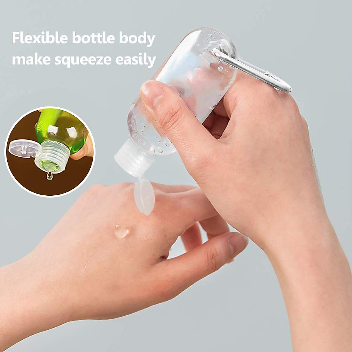 Linkidea 1.69oz Empty Hand Soap Bottles, Portable Travel Plastic Bottles, Fine Mist Spray Bottle, Reusable Squeezable Leak Proof Toiletries Container with Keychain & Stretchable Lanyard (4 Pack)