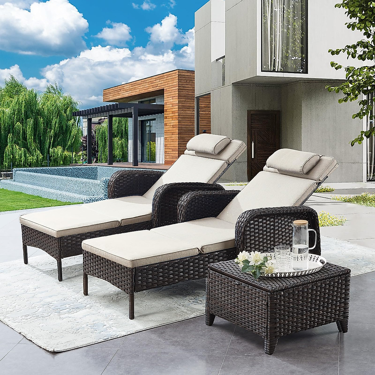 Belord Outdoor Chaise Lounge Patio Recliner - 75 Inch Adjustable Wicker Chaise Lounge with Soft Pillow Removable Cushions, All Weather Rattan Pool Lounge Chair for Poolside Deck Brown/Beige